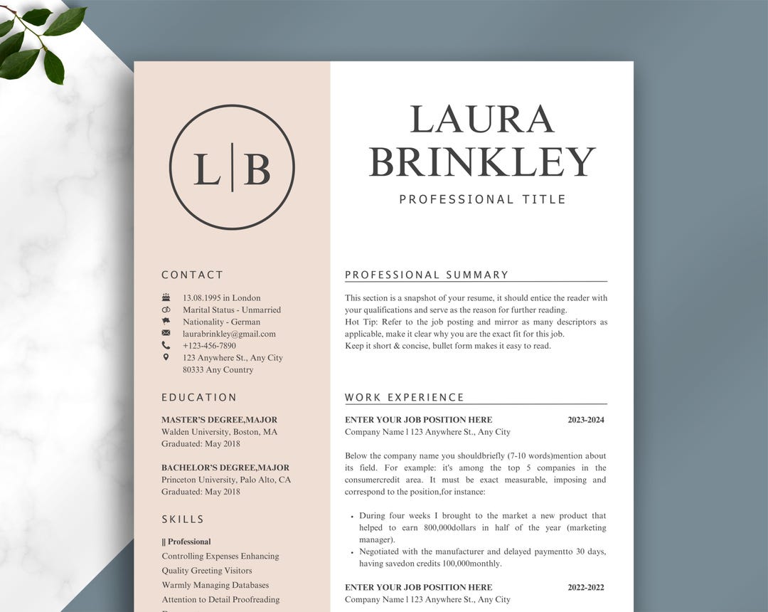 Modern Monogram Resume Template | Editable CV for Word, Canva & Apple ...