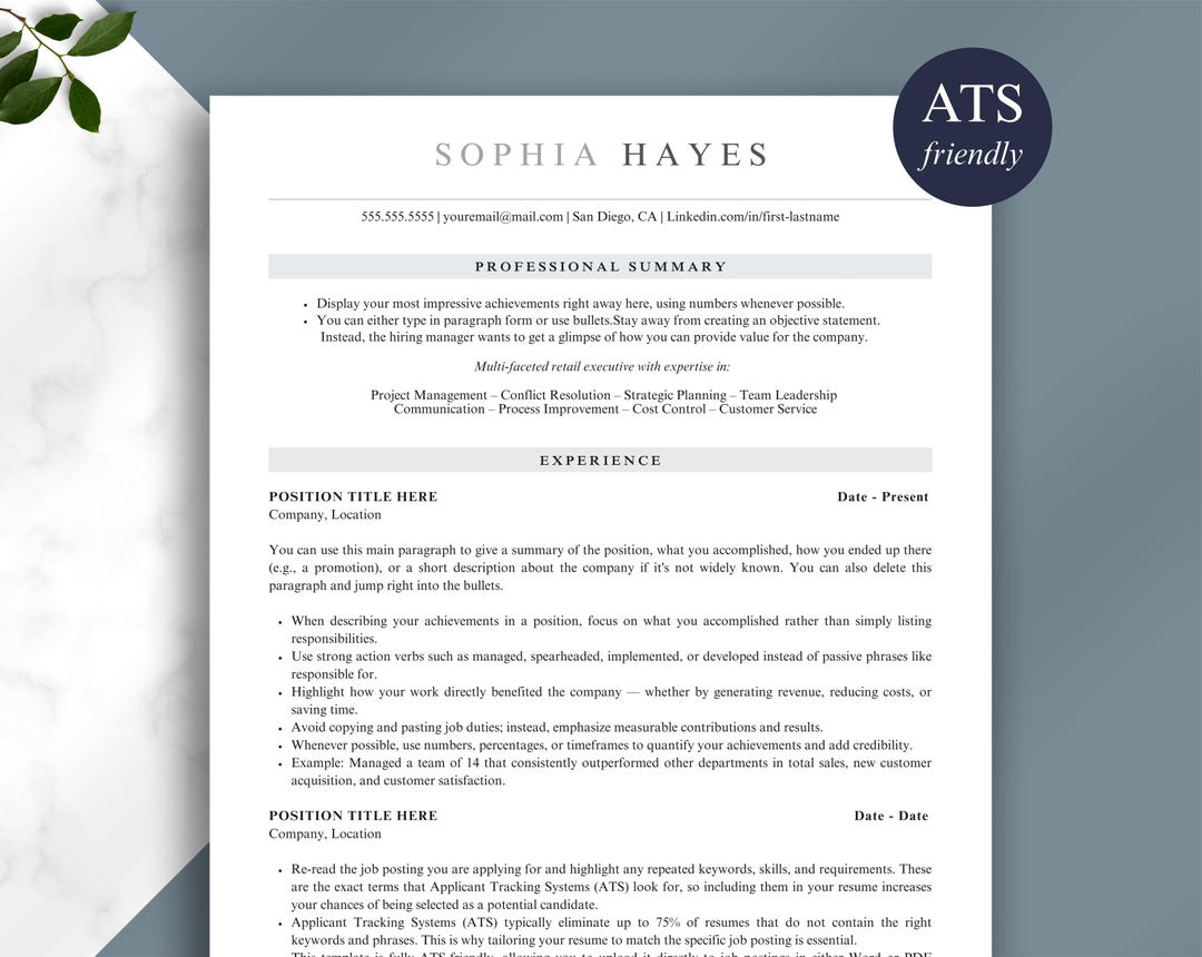 ATS Friendly Resume Template | Professional CV Template for Canva, Word ...