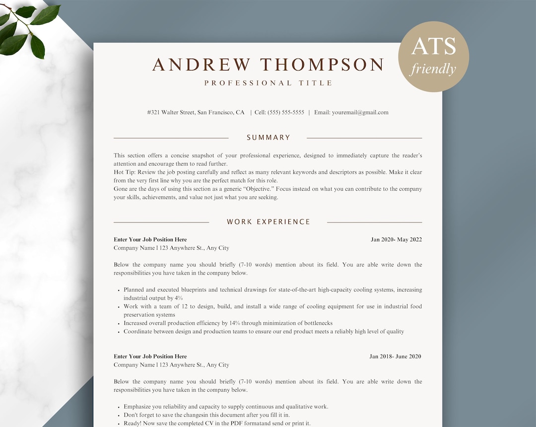 ATS Resume Template, CV Template Ats Friendly Resume Canva, MS Word ...