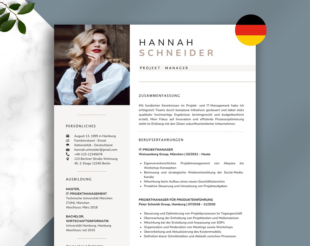 German Resume Template, CV Template for Word and Pages, Cover Page ...