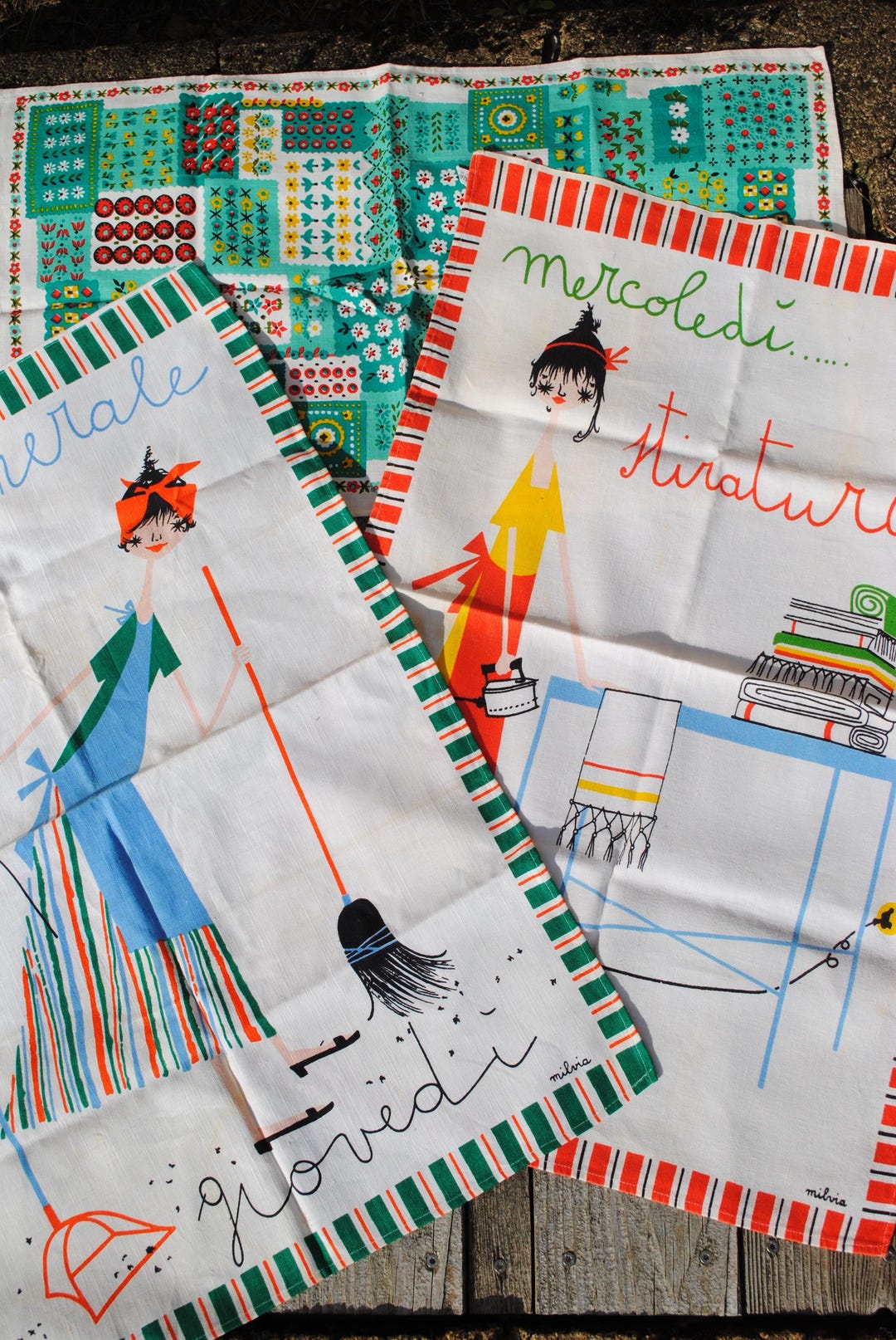 Mod Vintage Italian House Chores Tea Towel Linen Set of 3 - Etsy