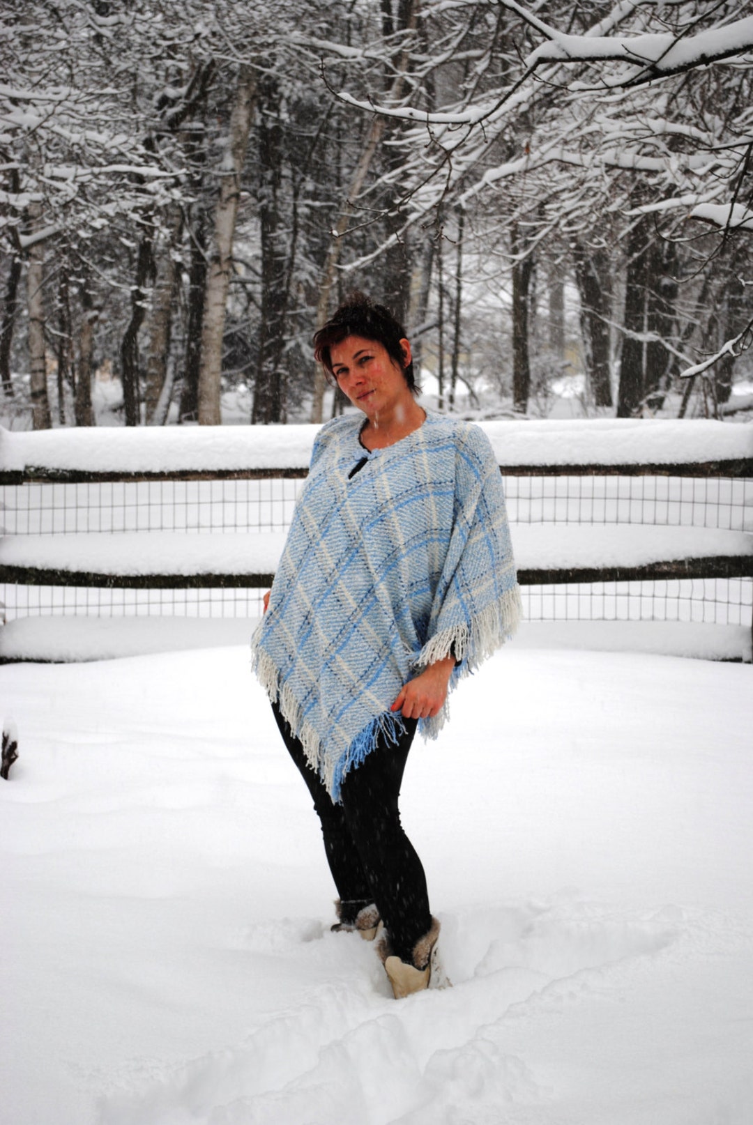 Vintage Poncho Woven Blue Spring Plaid Knitted With Fringe - Etsy