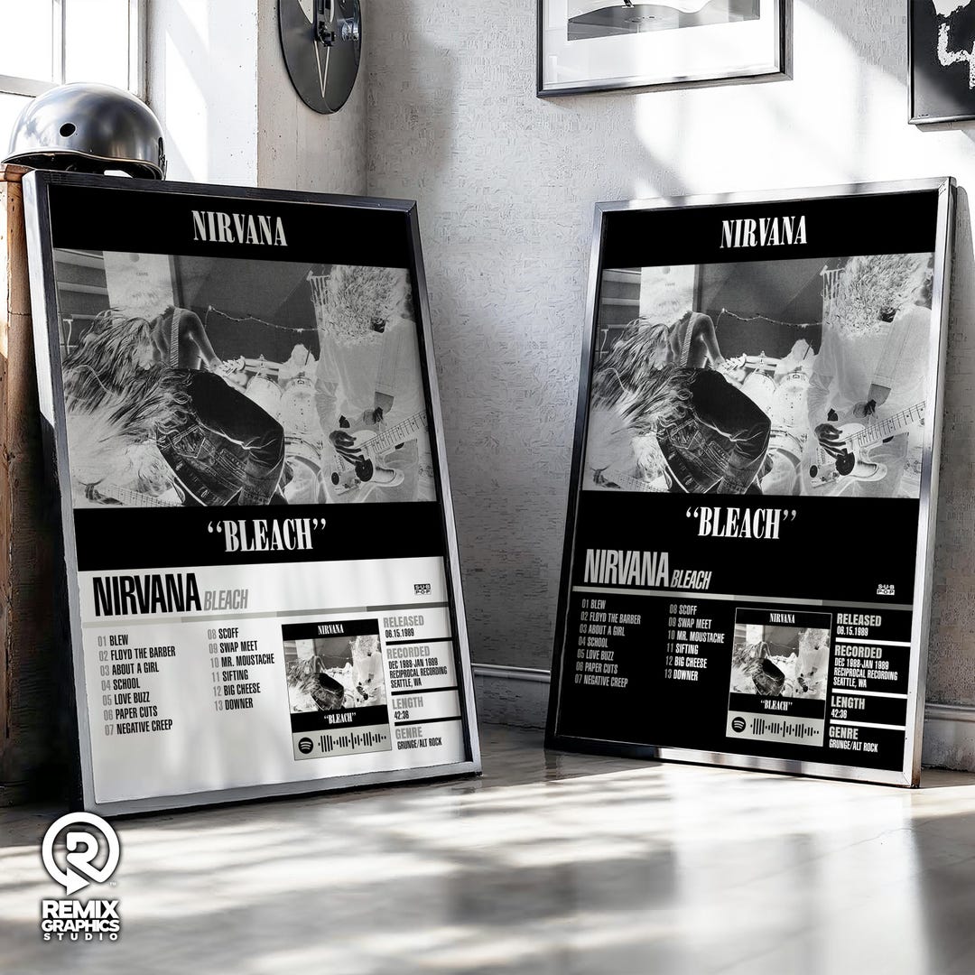 Nirvana ‘bleach’ Album Poster Bundle, Tracklist Wall Art (digital ...