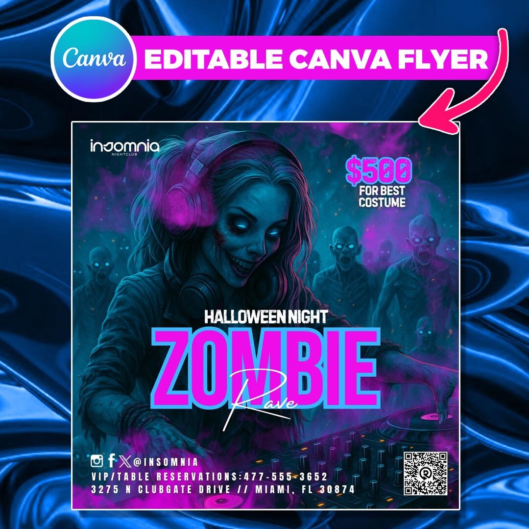 Zombie Rave Halloween Flyer Template: Editable Canva Party Poster - Etsy