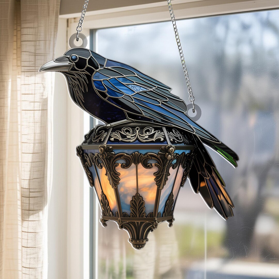 Gothic Raven on Lantern Acrylic Suncatcher, Halloween Crow on Lamp ...