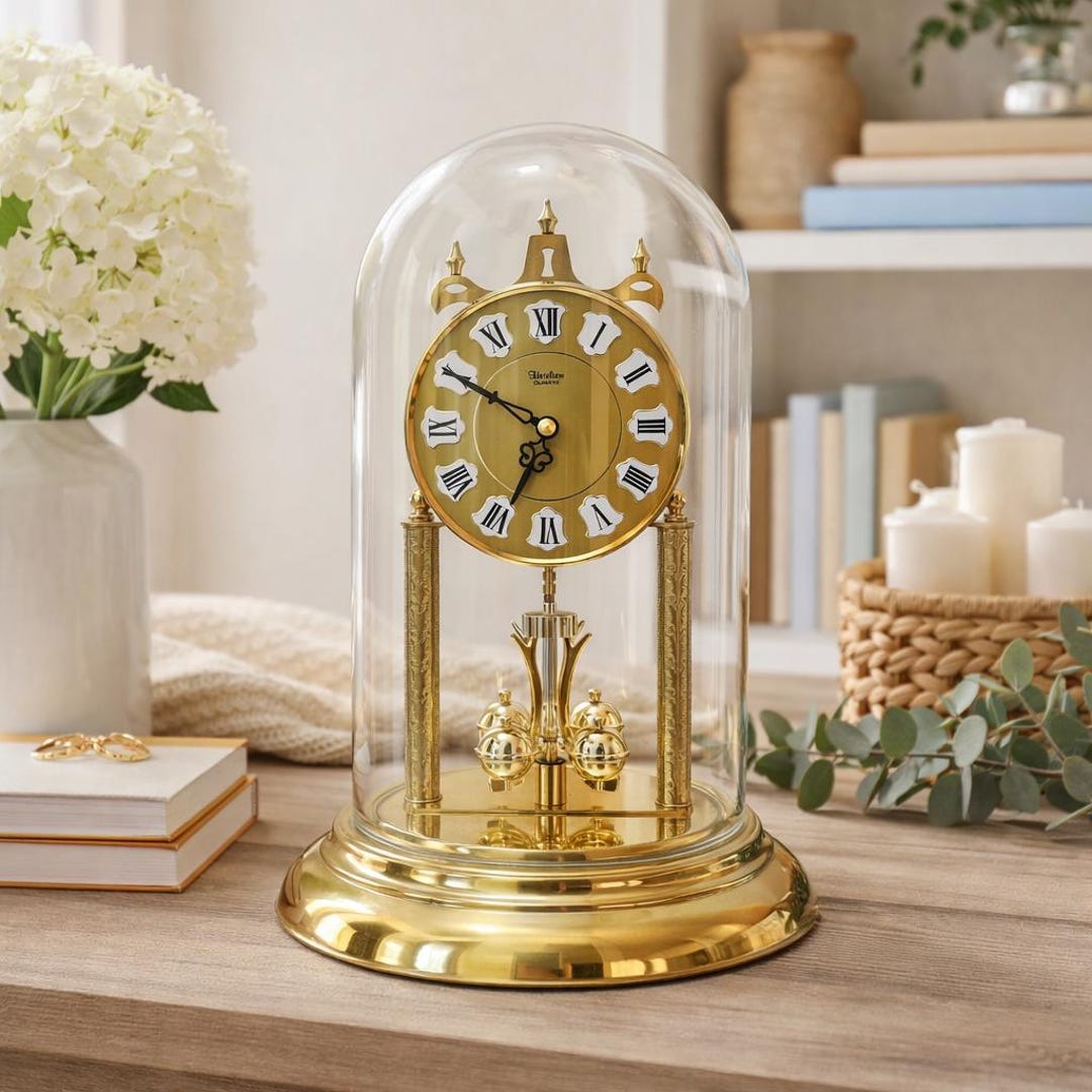 Vintage Heirloom Anniversary Clock: Gold Quartz Mantel Clock With Glass ...