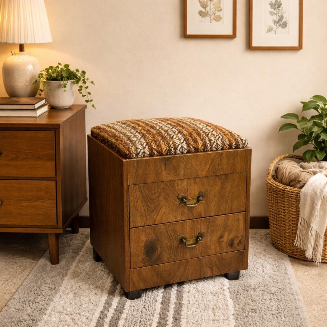 Rare Vintage Storage Stool With Drawers | Upholstered Seat Vanity Stool ...