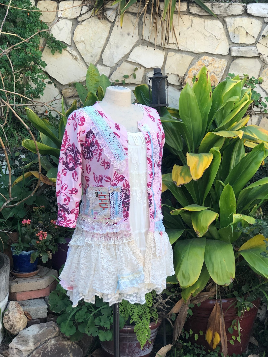 Pink Floral Sweater with light blue pink lace, by TatteredDelicates ...