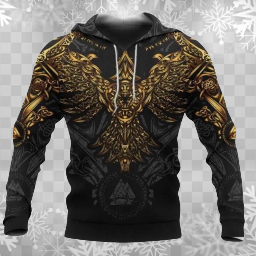 Nordischer Wikinger-Rabe-Hoodie - Schwarz & Gold Keltischer Knoten Adler, Runen-Druck Mythic ...