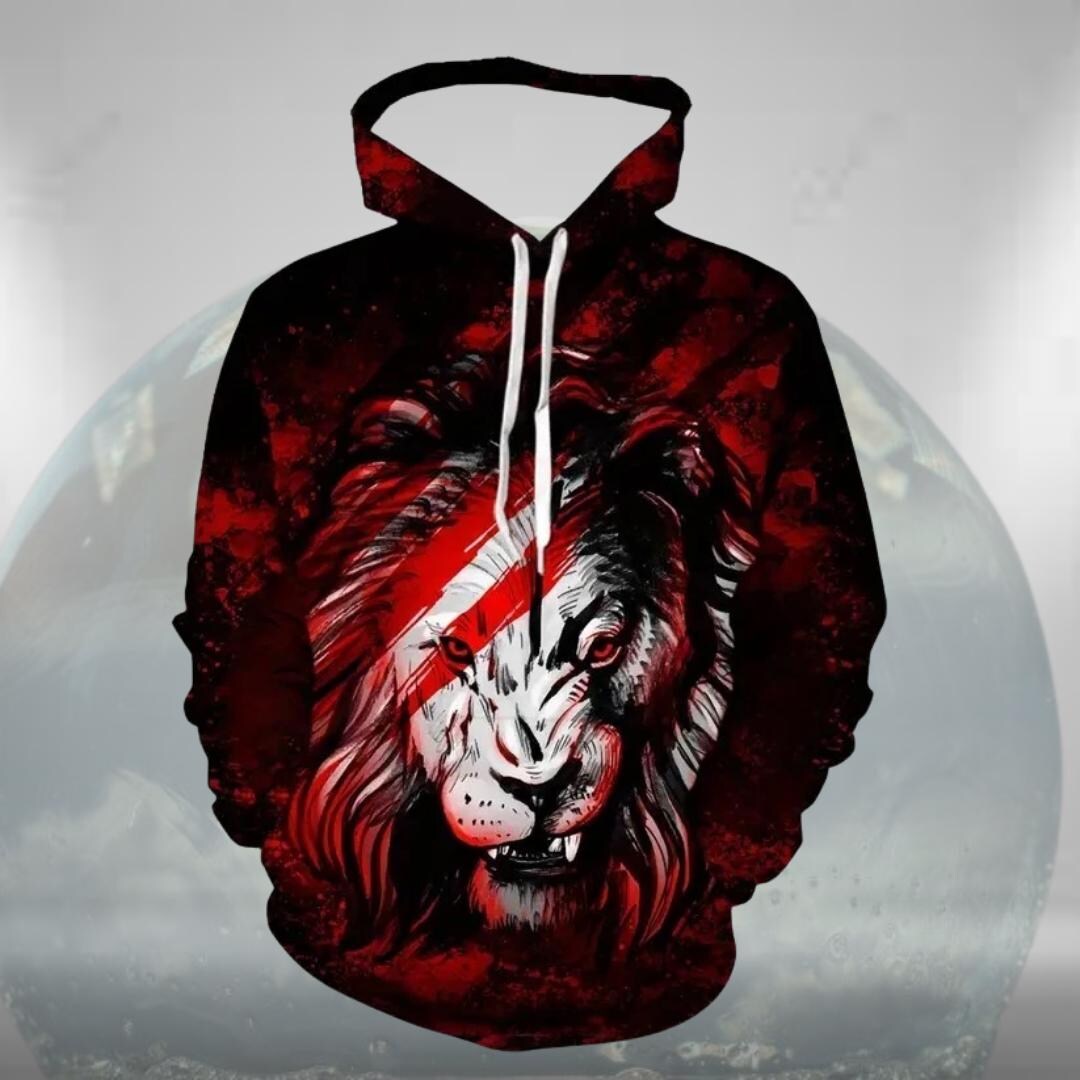 Red Black Lion Hoodie, Fierce Lion Face Pullover, Graphic Animal ...