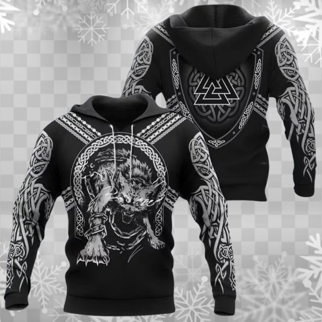 Norse Fenrir Wolf Hoodie – Black Celtic Knot Valknut Viking Pullover ...