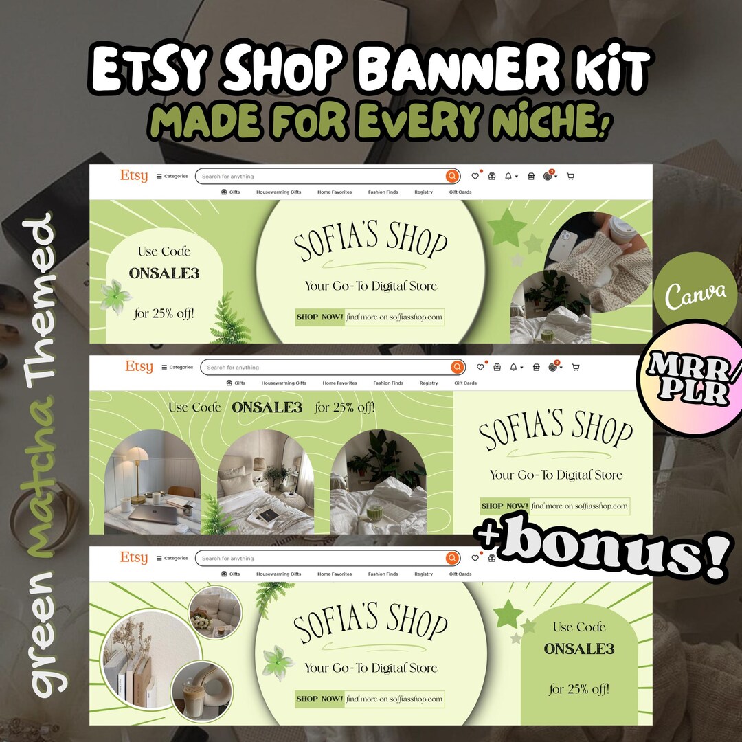 Green Matcha Etsy Banner Kit | Editable Canva Banners, Stock Photos ...