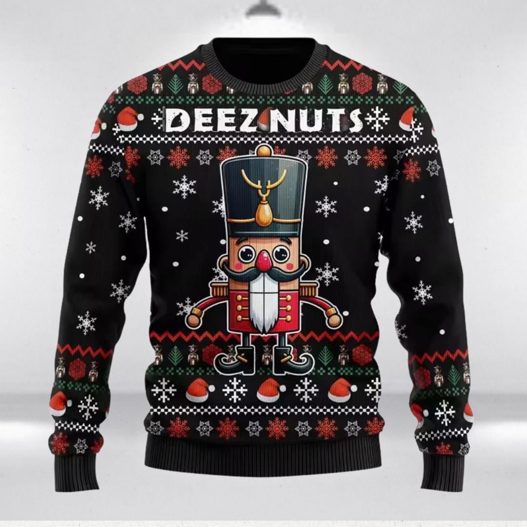 Funny Deez Nuts Nutcracker Ugly Christmas Sweater, Black All Over Print ...
