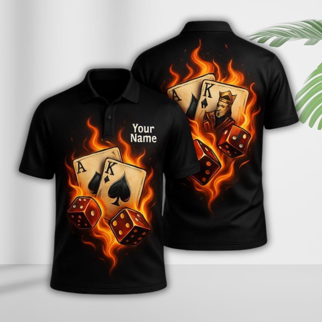 Custom Poker Polo Shirt With Flaming Cards and Dice Design Personalized ...