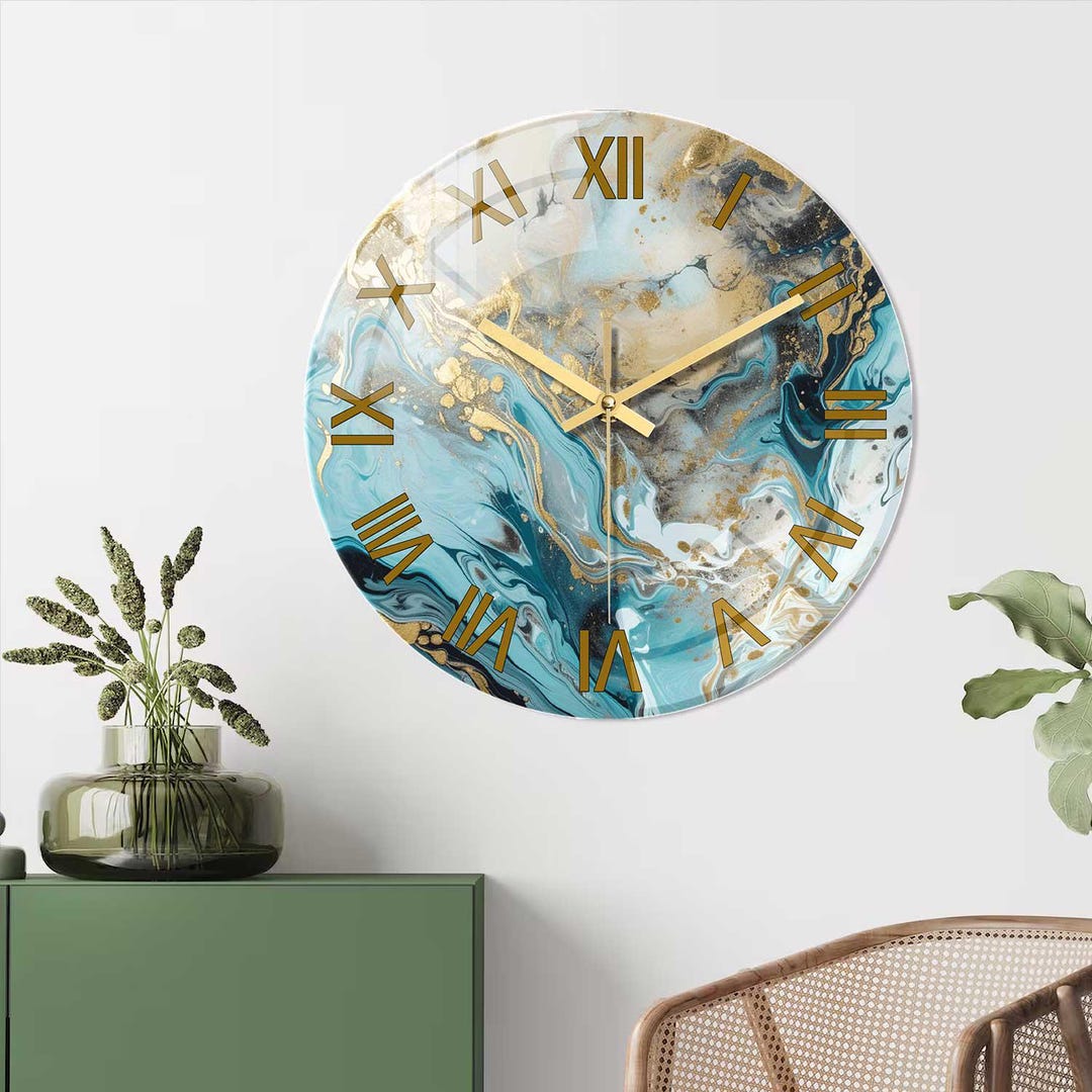Blue and Gold Tempered Glass Wall Clock: Elegant Home Decor - Etsy