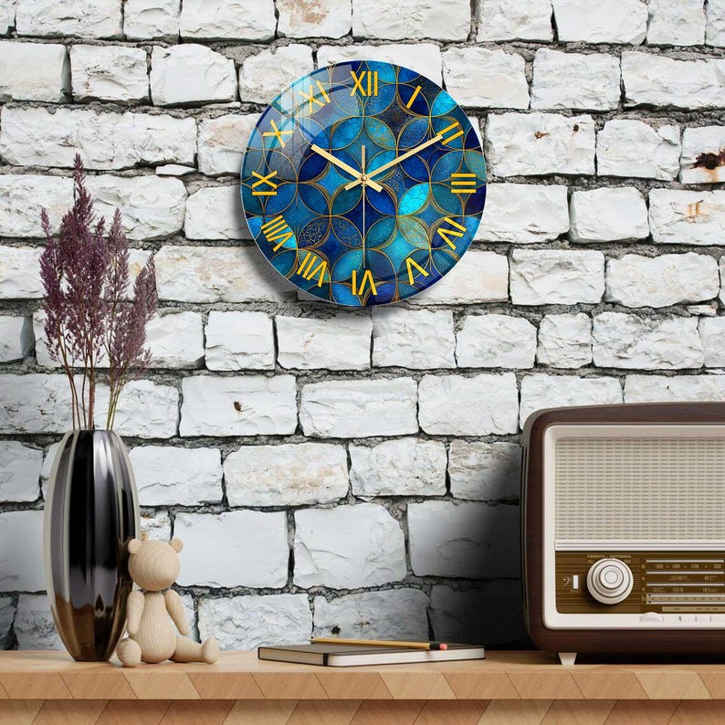Art Deco Blue Geometric Pattern Wall Clock With Gold Accents & Roman ...