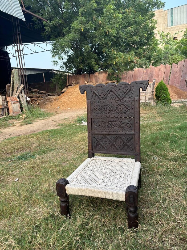 Hand-carved Teak Low Chair: Rajasthan Tribal Pida With Cotton Rope - Etsy