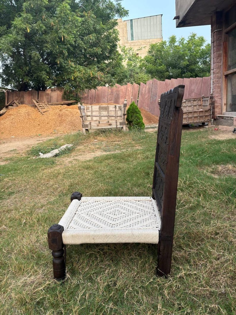 Hand-carved Teak Low Chair: Rajasthan Tribal Pida With Cotton Rope - Etsy