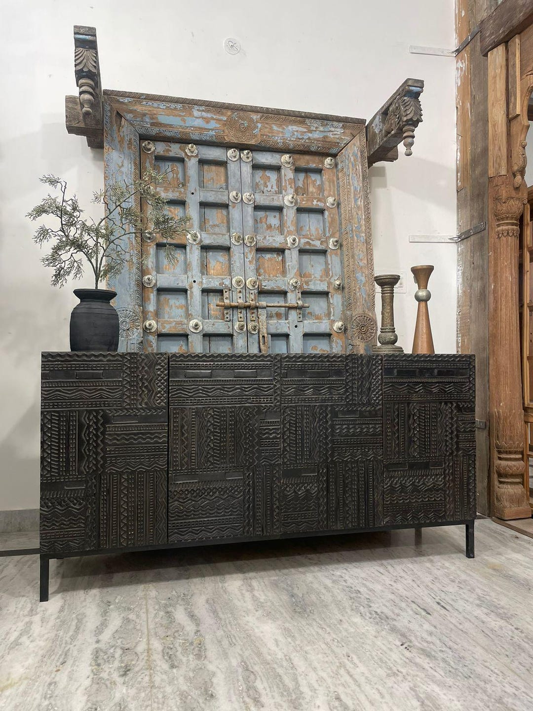 Modern Tabwa Carved Mango Wood Sideboard – Handcrafted Wooden Storage ...