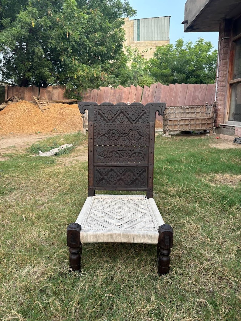 Hand-carved Teak Low Chair: Rajasthan Tribal Pida With Cotton Rope - Etsy