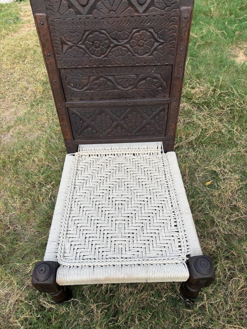 Hand-carved Teak Low Chair: Rajasthan Tribal Pida With Cotton Rope - Etsy