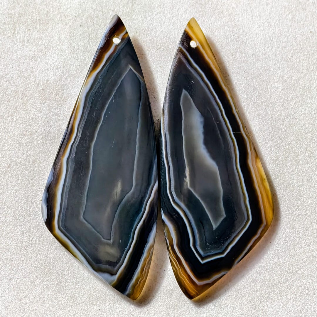 32 Cts Natural Black Banded Agate Drilled Pair Cabochon Gemstone 46.5 X ...
