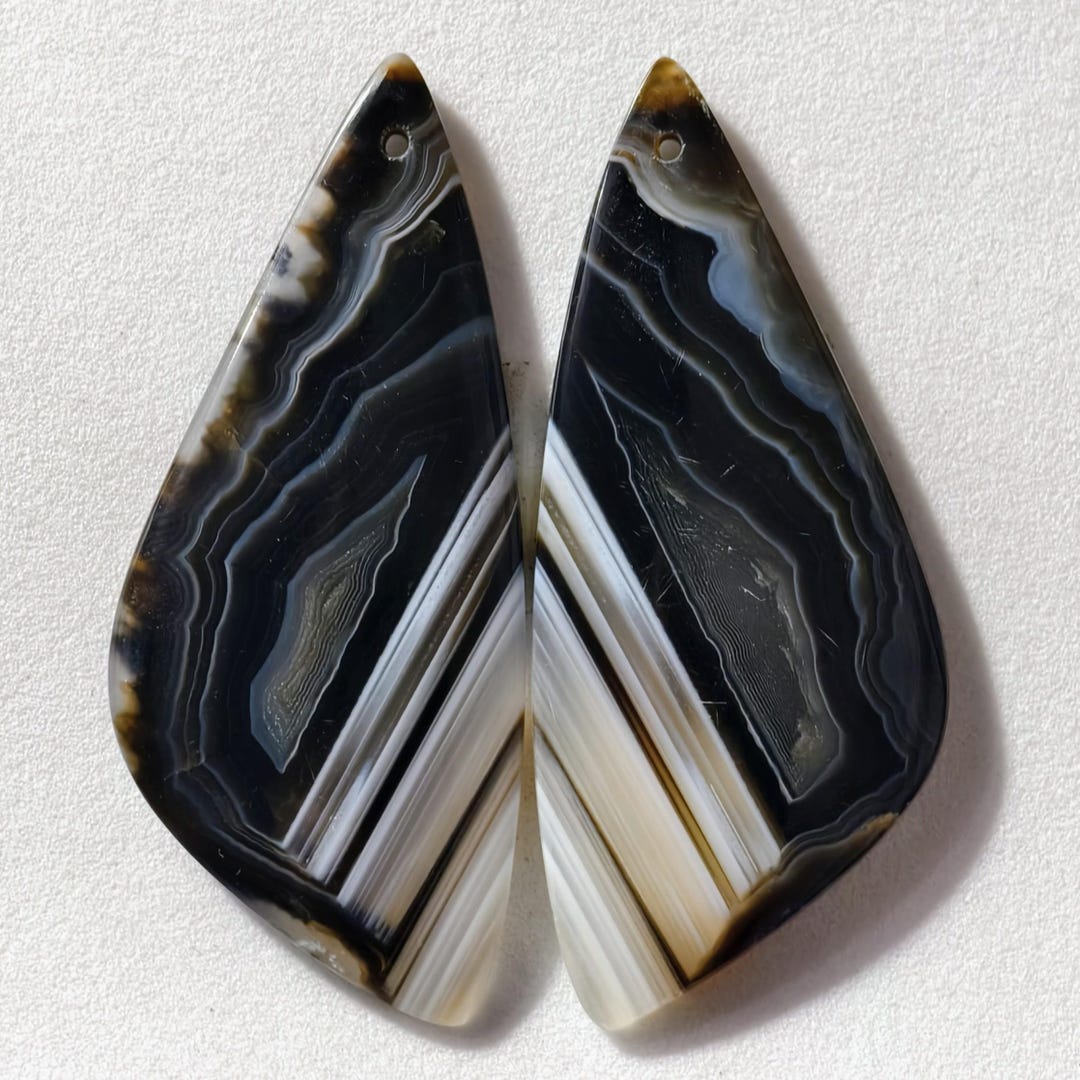 45 Cts Natural Black Banded Agate Drilled Pair Cabochon Gemstone 46 X ...