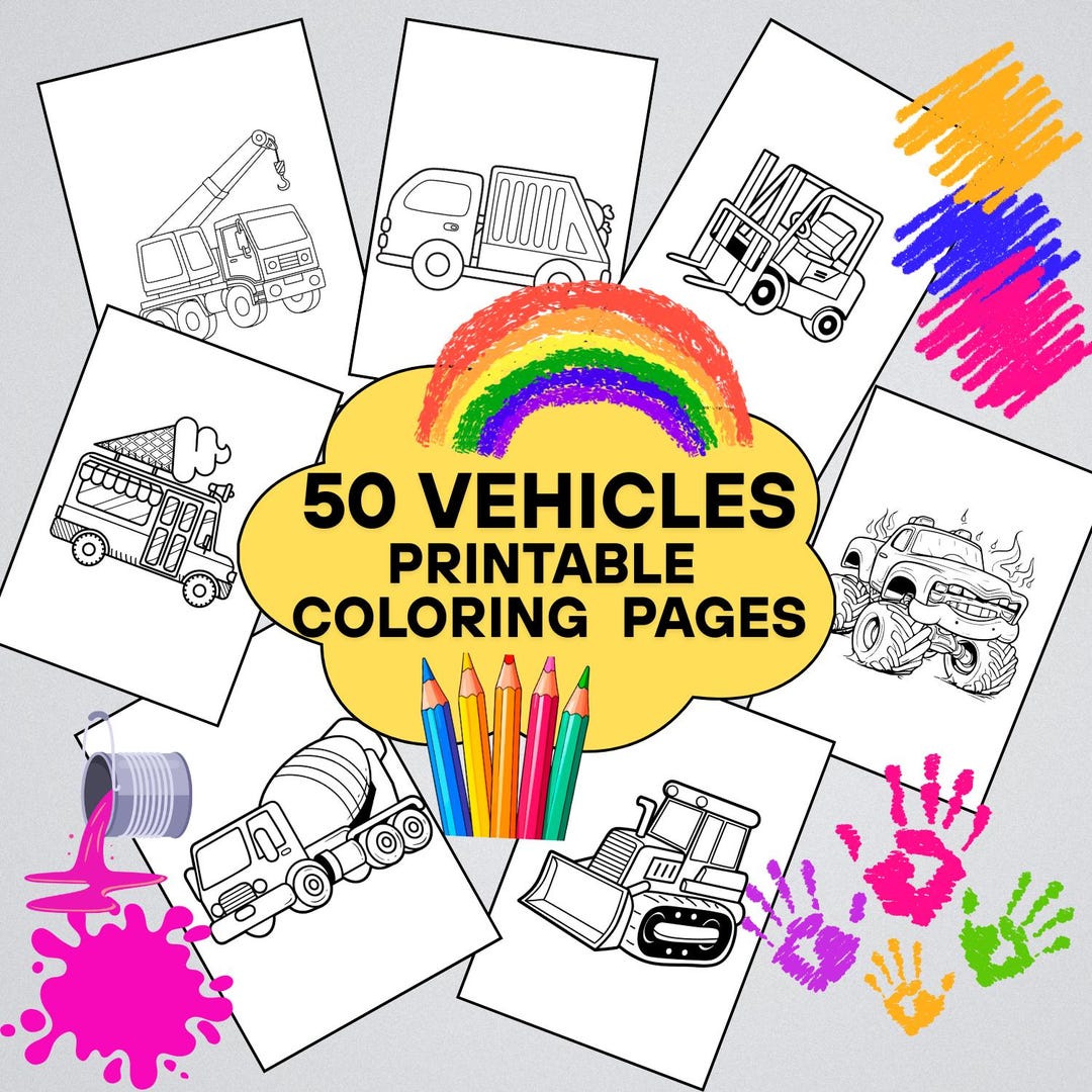 50 Vehicles Coloring Pages for Kids, Printable Activity Book (PDF ...