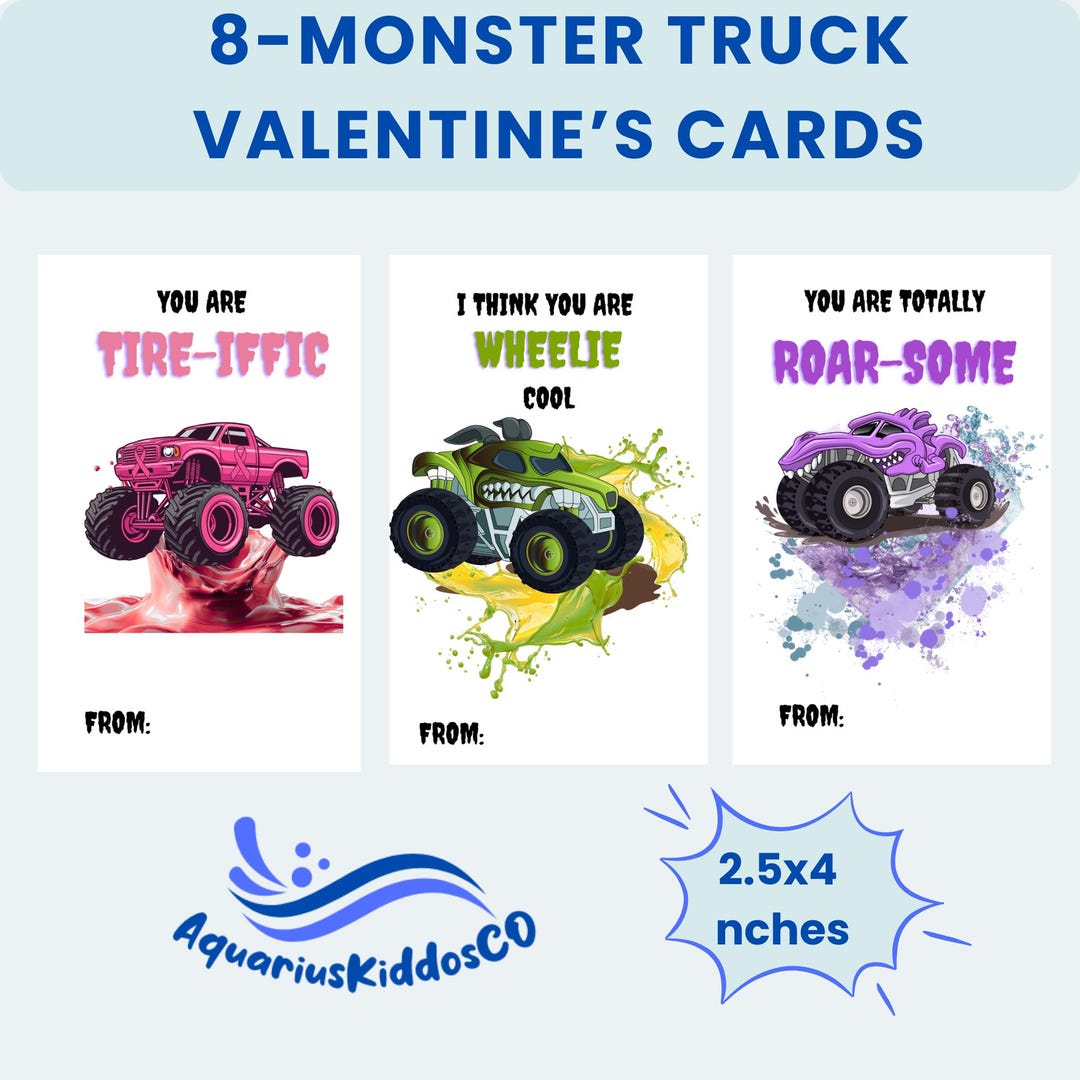 PRINTABLE Monster Truck Valentine's Day Cards, Boys Valentines,kids ...