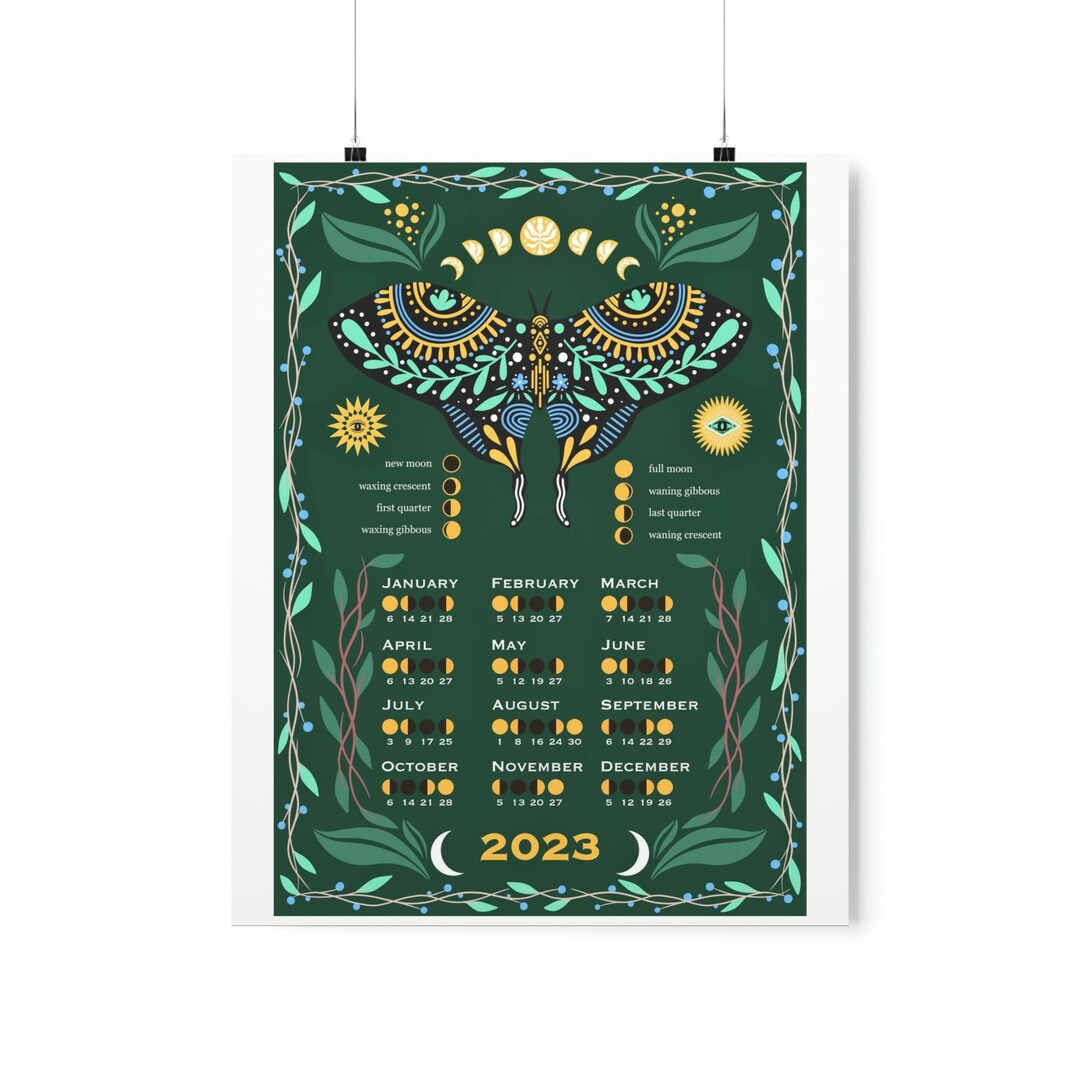Mystical Moth Green 2023 Lunar Phase Calendar Premium Matte Art Print ...
