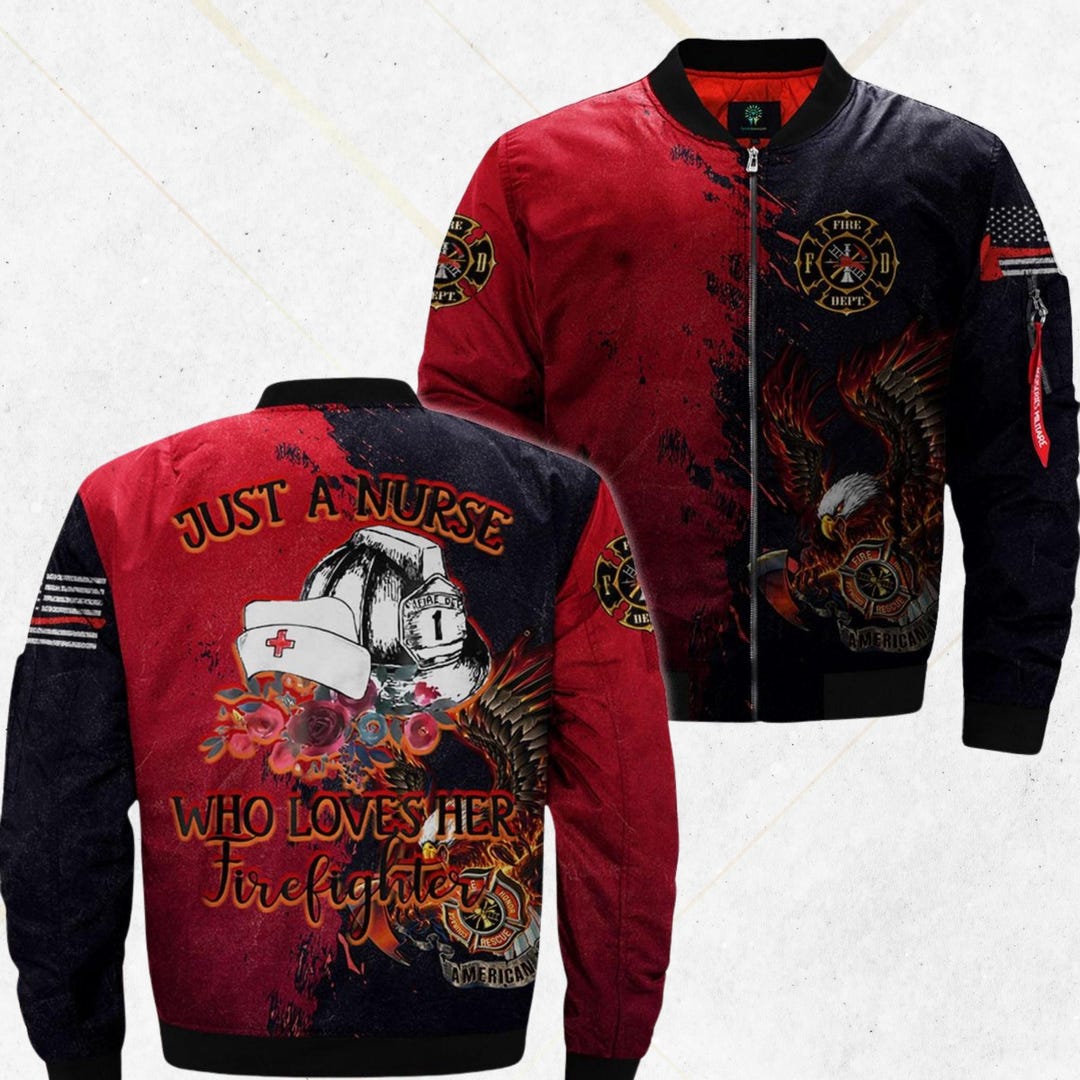 Nurse Loves Firefighter Bomber Jacket: Red Black Eagle Graphic - Etsy
