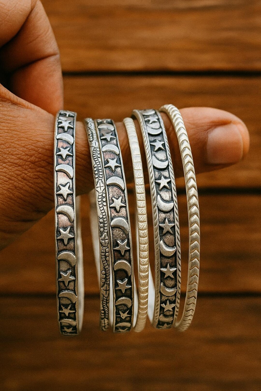 Antique Moon & Star Silver Bangles Set, 925 Sterling Silver Bangle - Etsy
