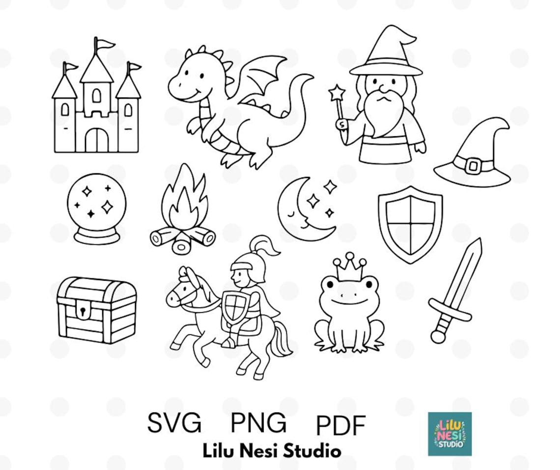 12 Fairy Tale Doodle Clipart | Black & White Wizard, Knight, Castle ...
