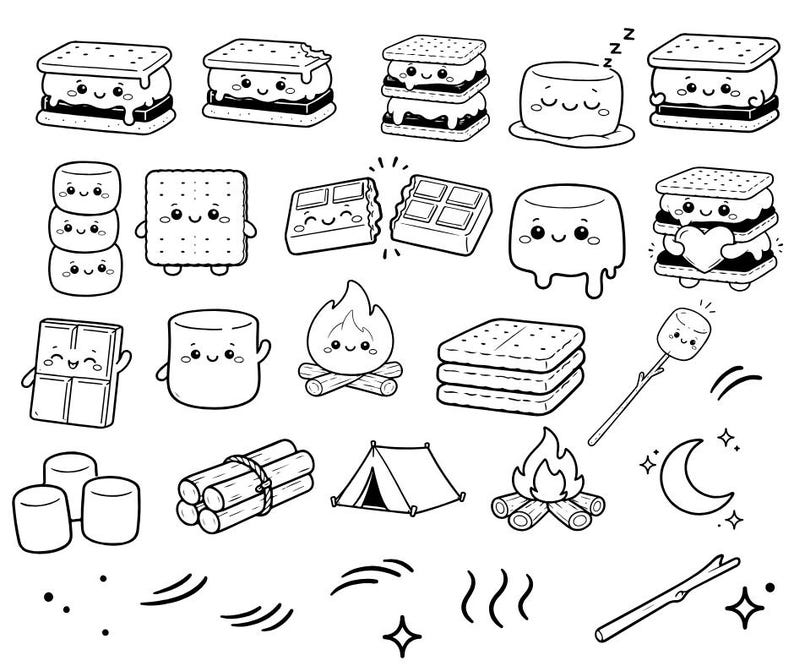 Cute S’mores Clipart SVG Bundle, Camping Doodle Clipart, Kawaii ...