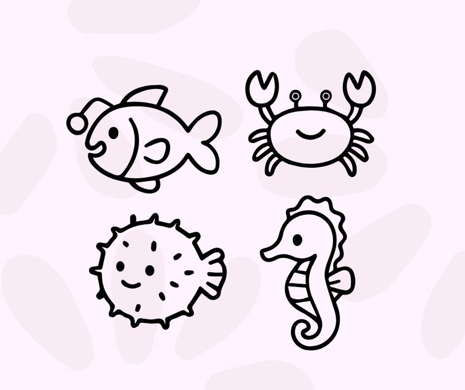 Vector Line Drawing of Cute Cartoon Sea Animals - Minimalist Under the ...