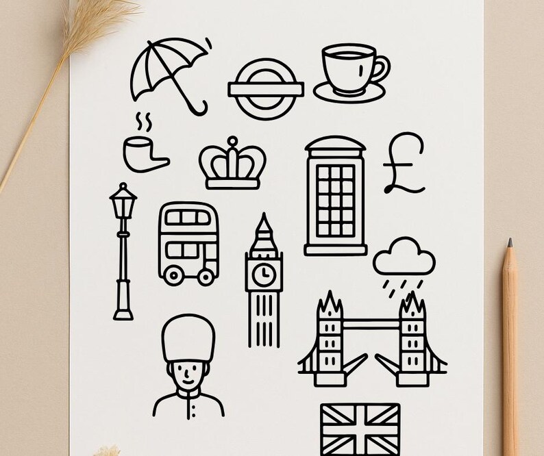 London UK Line Art SVG | England Doodle Clipart, Black and White Travel ...