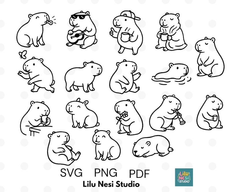 17 Capybara Doodle Clipart | Black and White Animal Line Art SVG PNG ...