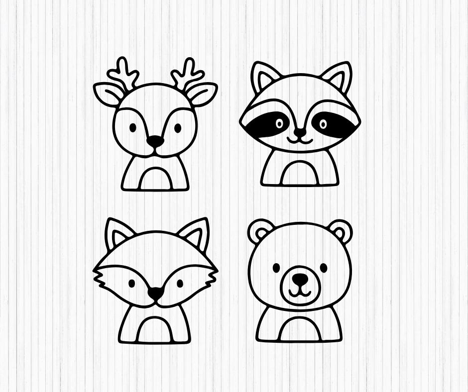 Line Drawing Animal Clipart Bundle - Cute Cartoon Doodle Animals, Black ...