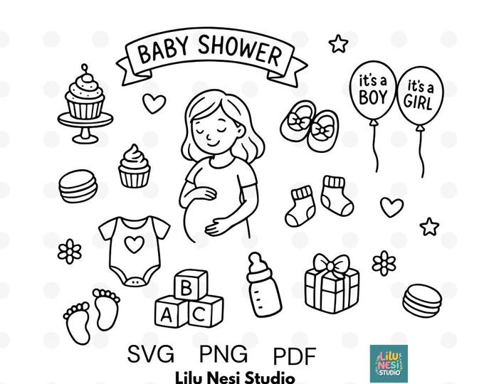 23 Baby Shower Doodle Clipart | Black and White PNG SVG Bundle | Cute ...