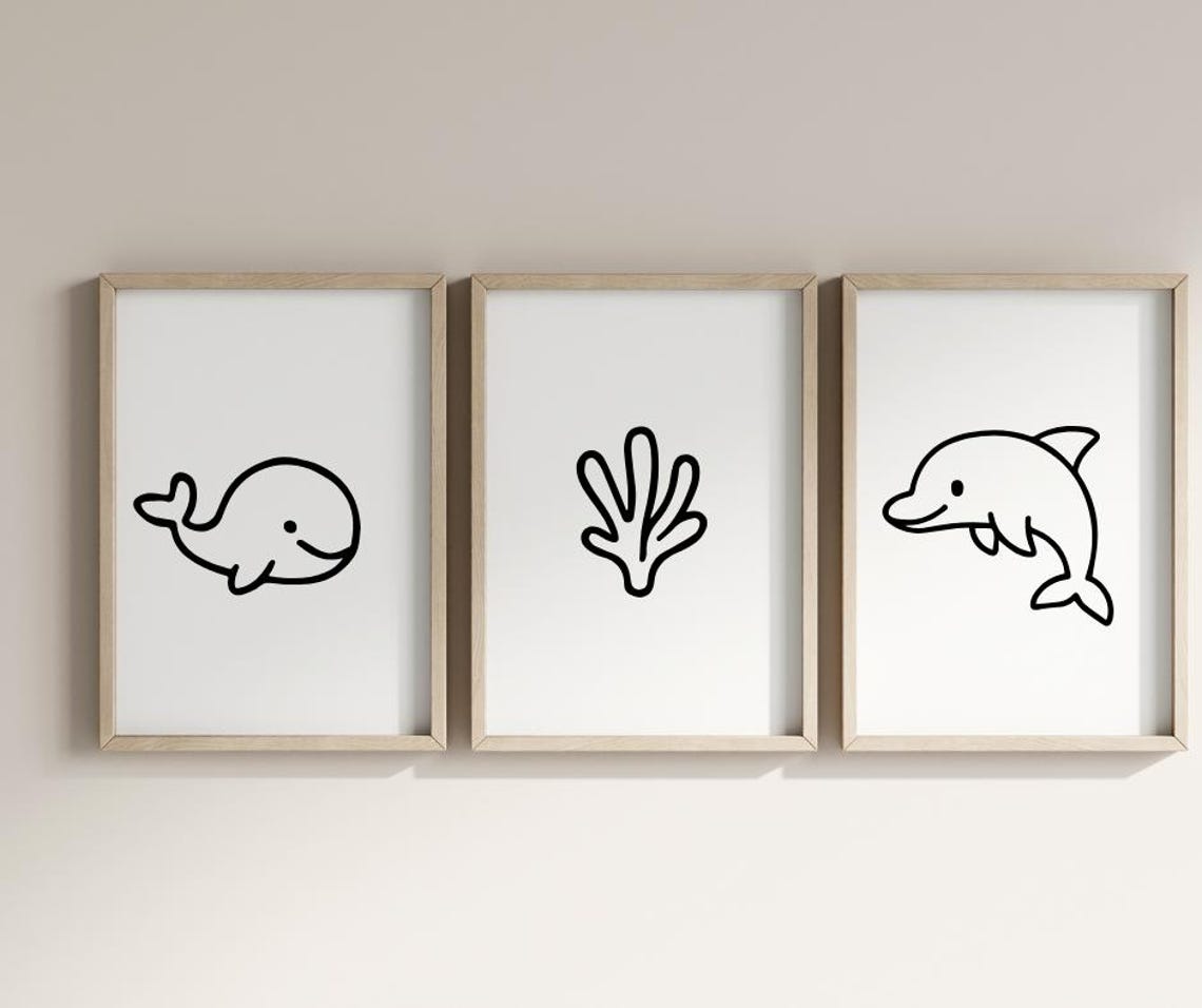 Vector Line Drawing of Cute Cartoon Sea Animals - Minimalist Under the ...