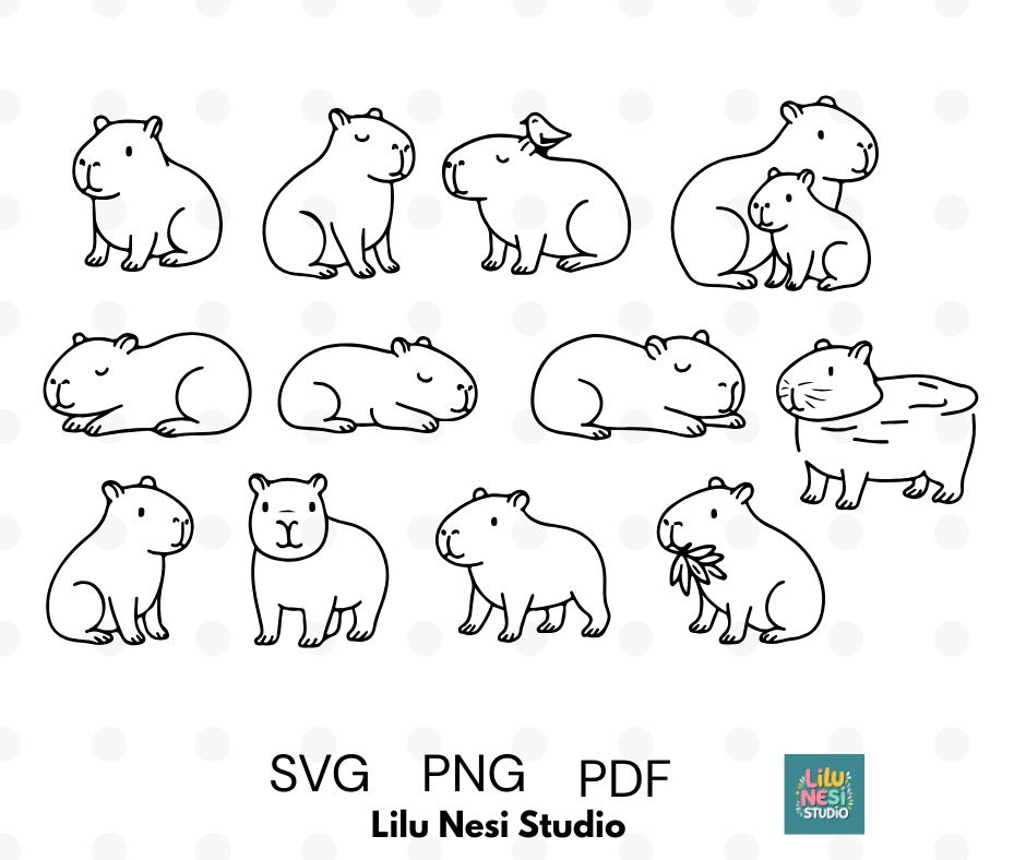 12 Capybara Doodle Clipart | Black and White Animal Line Art SVG PNG ...