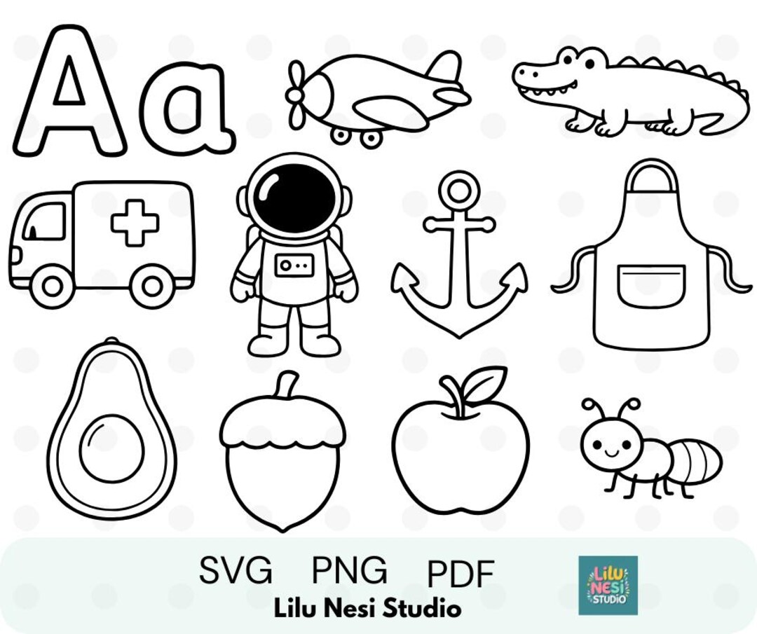 Letter A Alphabet Clipart | Aa Line Art Illustrations | Kids Learning ...