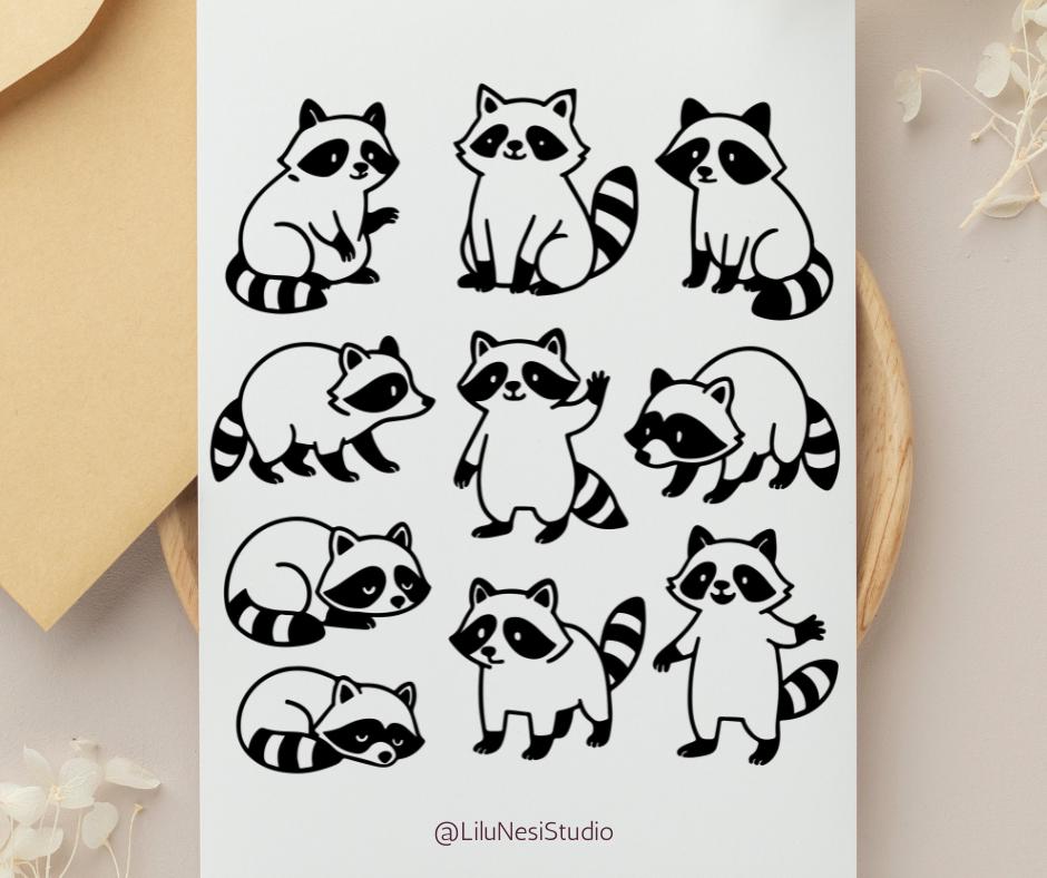 Raccoon Clipart Set | Cute Woodland Animal SVG PNG | Black and White ...