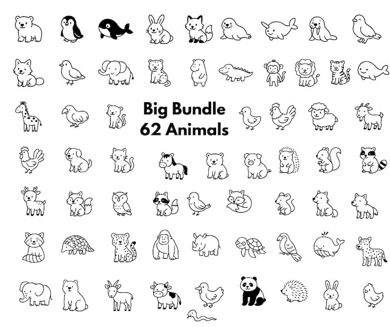 Animal Line Art Clipart Bundle – 62 Doodle Animals PNG – Farm, Jungle ...