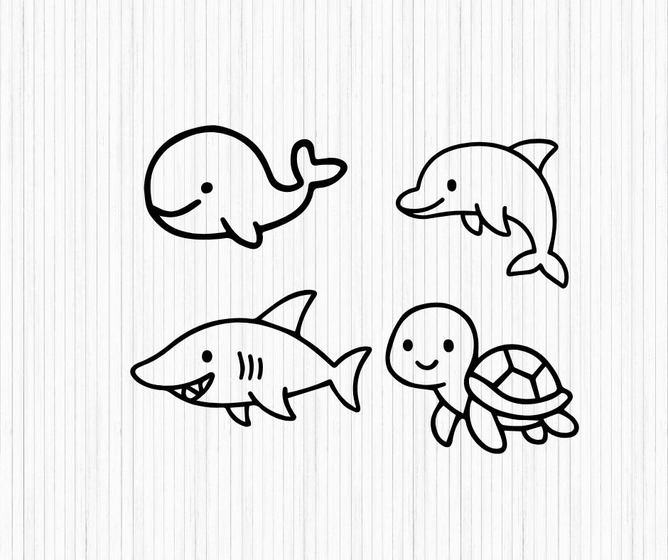 Vector Line Drawing of Cute Cartoon Sea Animals - Minimalist Under the ...