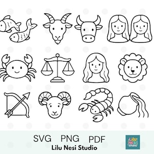 Cute Zodiac Signs SVG Bundle | Astrology Clipart | Horoscope PNG PDF ...