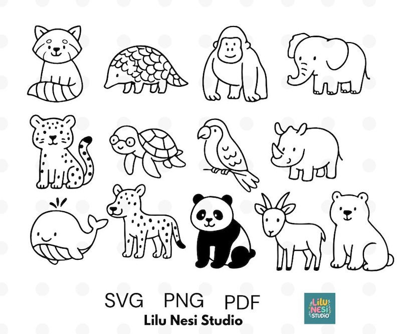 Animal Line Art Clipart Bundle – 62 Doodle Animals PNG – Farm, Jungle ...