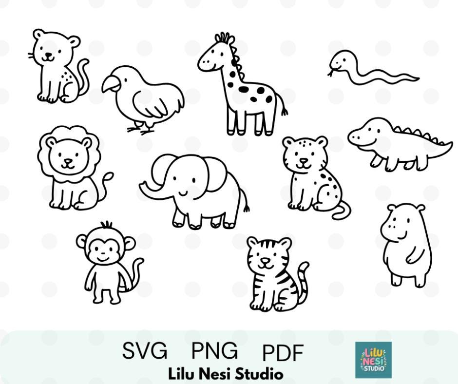 Animal Line Art Clipart Bundle – 62 Doodle Animals PNG – Farm, Jungle ...