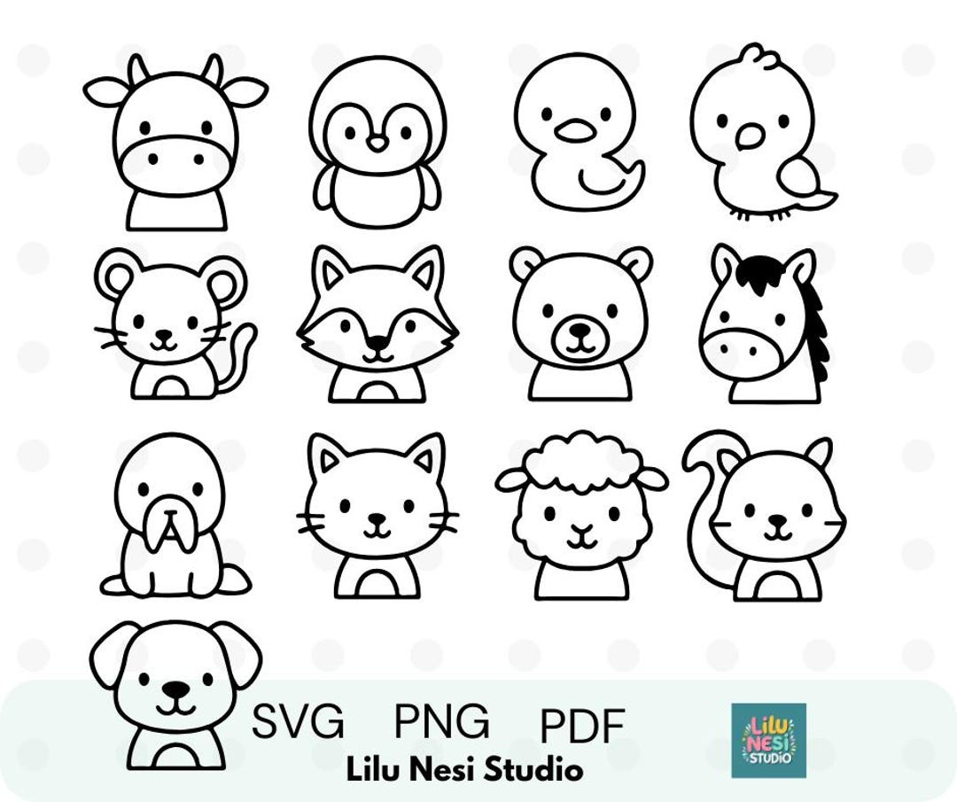 Line Drawing Bundle of Cute Cartoon Animal Heads - 13 Minimalist Cute ...