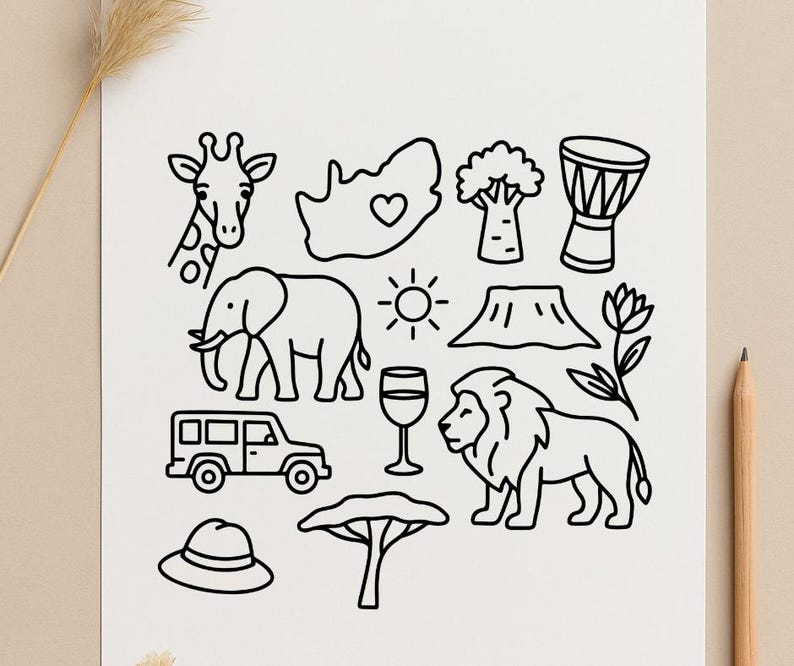 South Africa Safari Clipart | African Animals Line Art | Doodle Outline ...